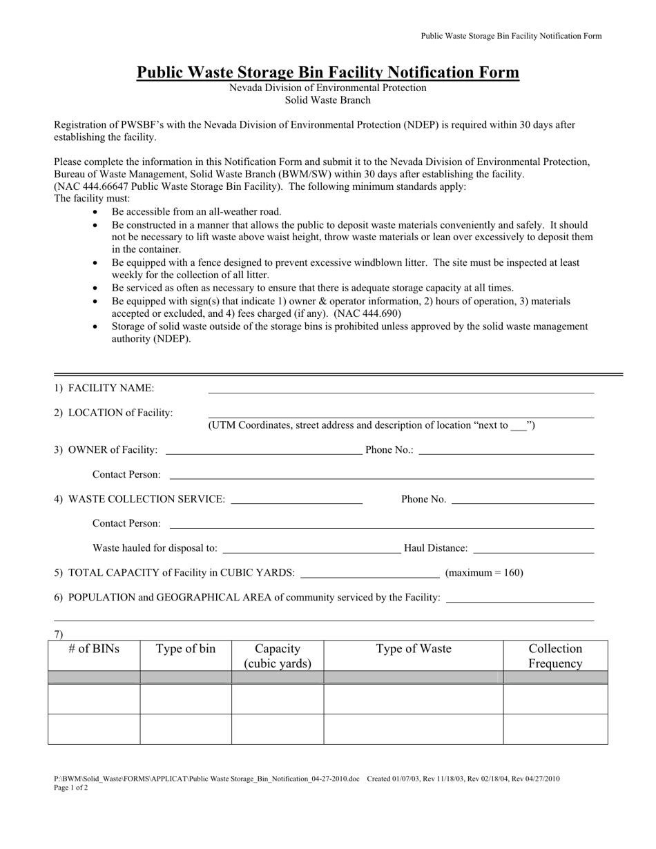 Nevada Public Waste Storage Bin Facility Notification Form - Fill Out ...