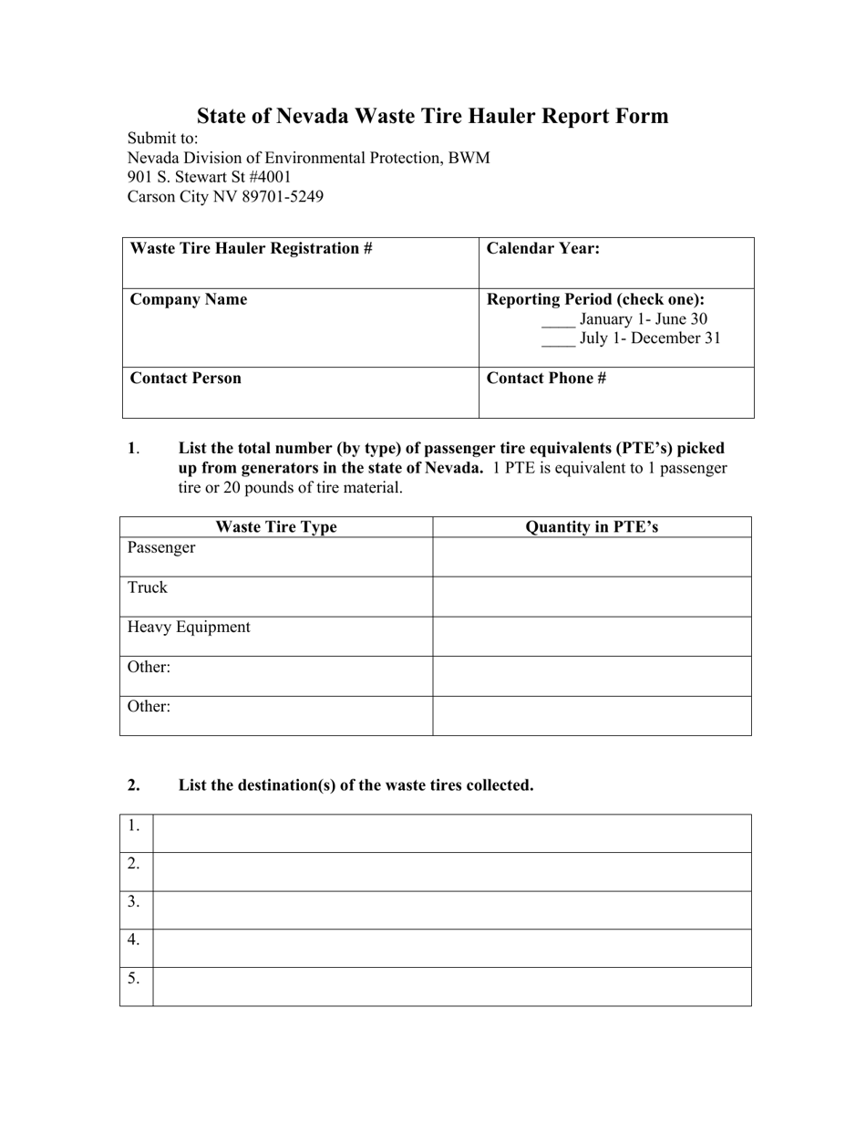 Nevada State of Nevada Waste Tire Hauler Report Form - Fill Out, Sign ...