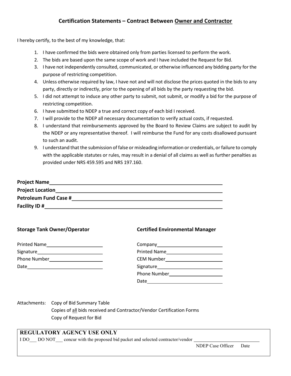 Nevada Certification Statements - Contract Between Owner and Contractor ...