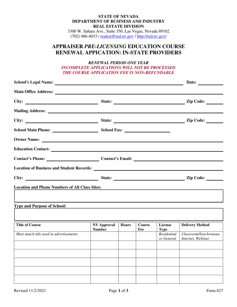 Form 627 - Fill Out, Sign Online and Download Fillable PDF, Nevada ...
