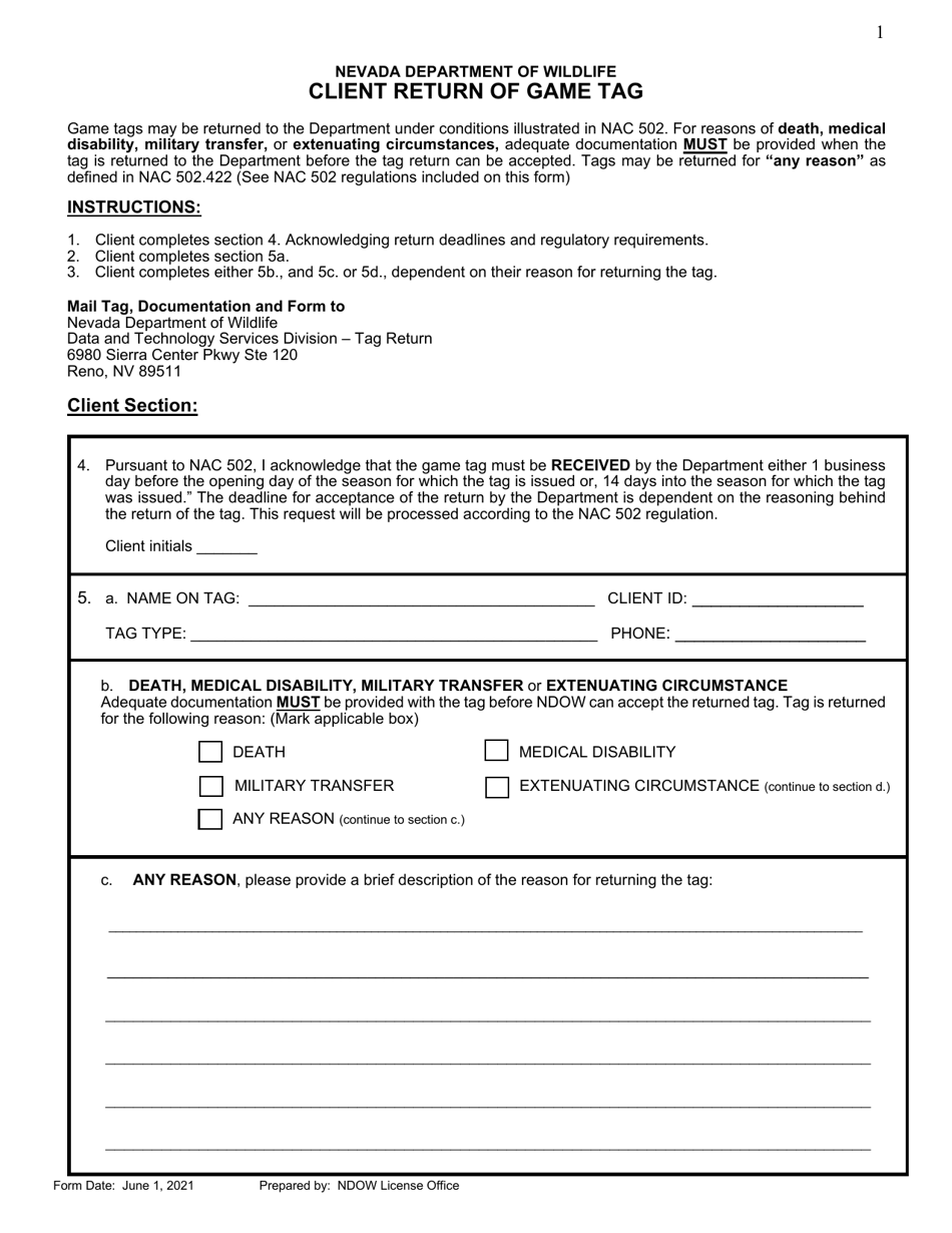 Nevada Client Return of Game Tag - Fill Out, Sign Online and Download ...