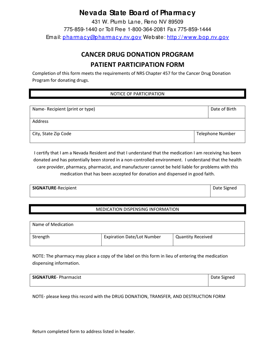 Nevada Patient Participation Form - Cancer Drug Donation Program - Fill ...