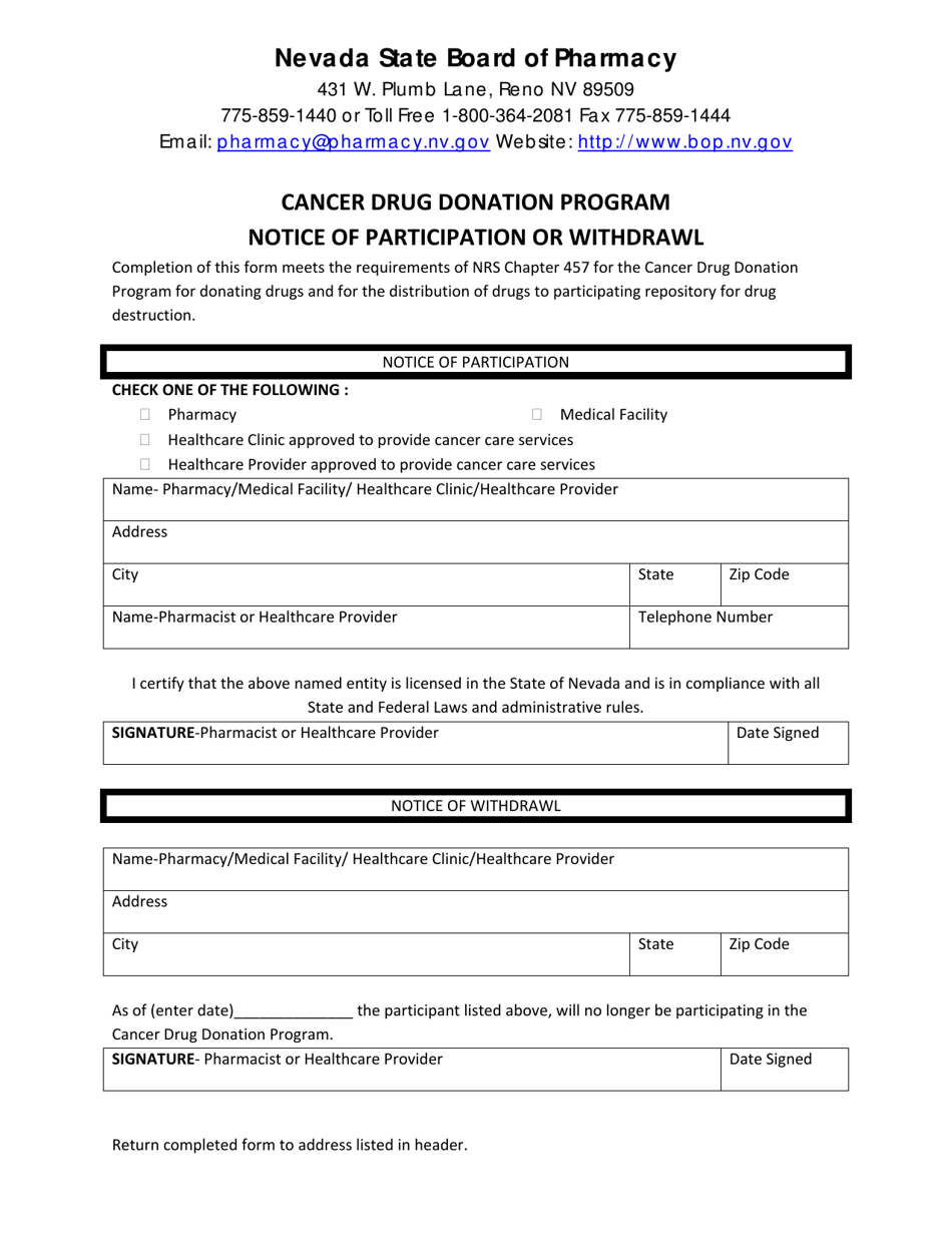 Nevada Notice of Participation or Withdrawl - Cancer Drug Donation ...