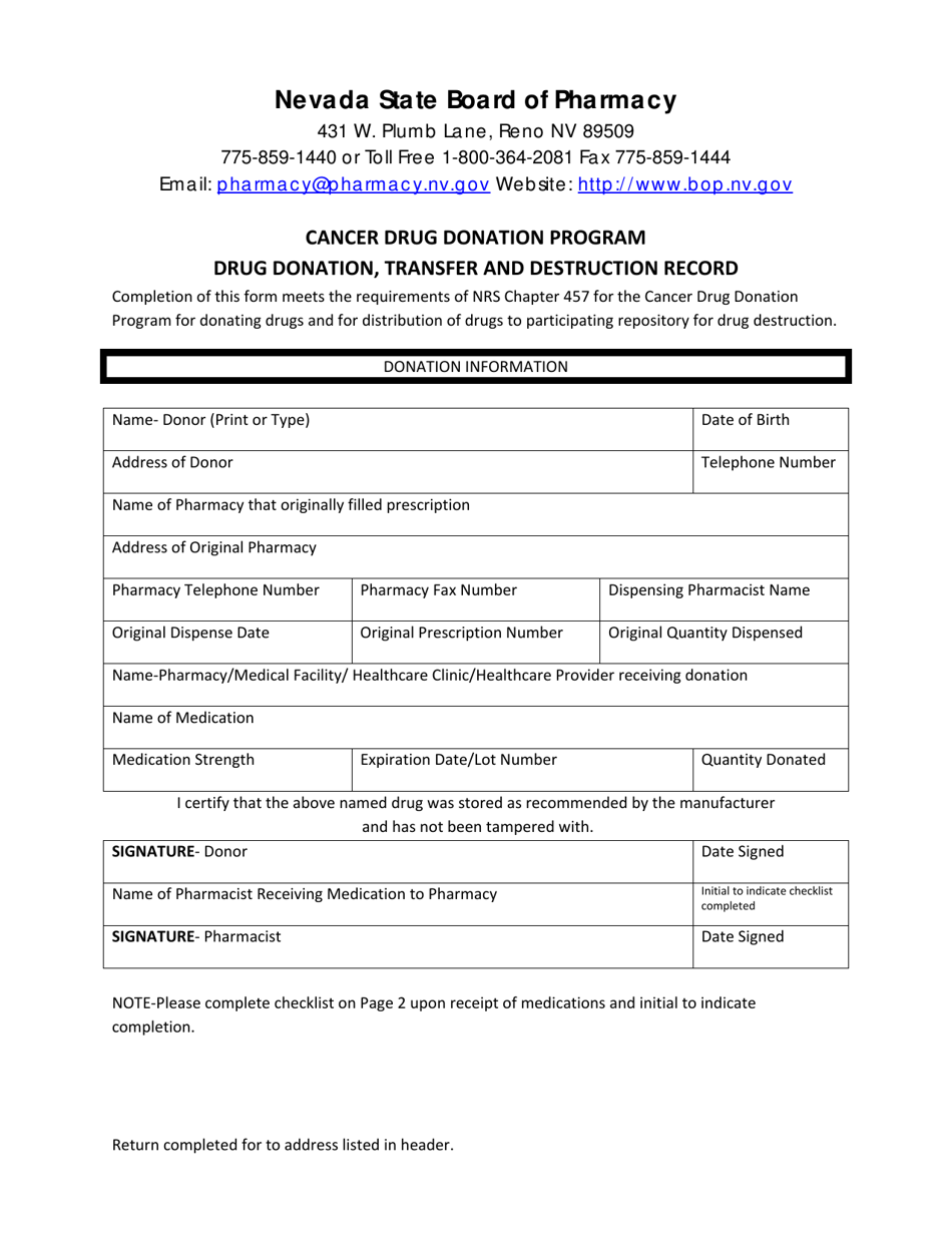 Nevada Drug Donation, Transfer and Destruction Record - Cancer Drug ...