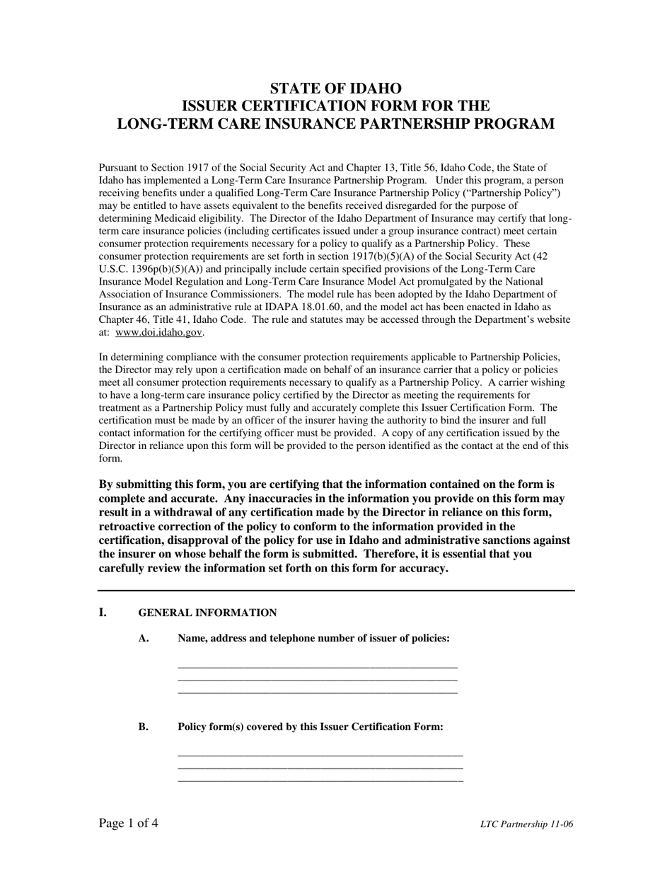 Idaho Issuer Certification Form for the Long-Term Care Insurance ...