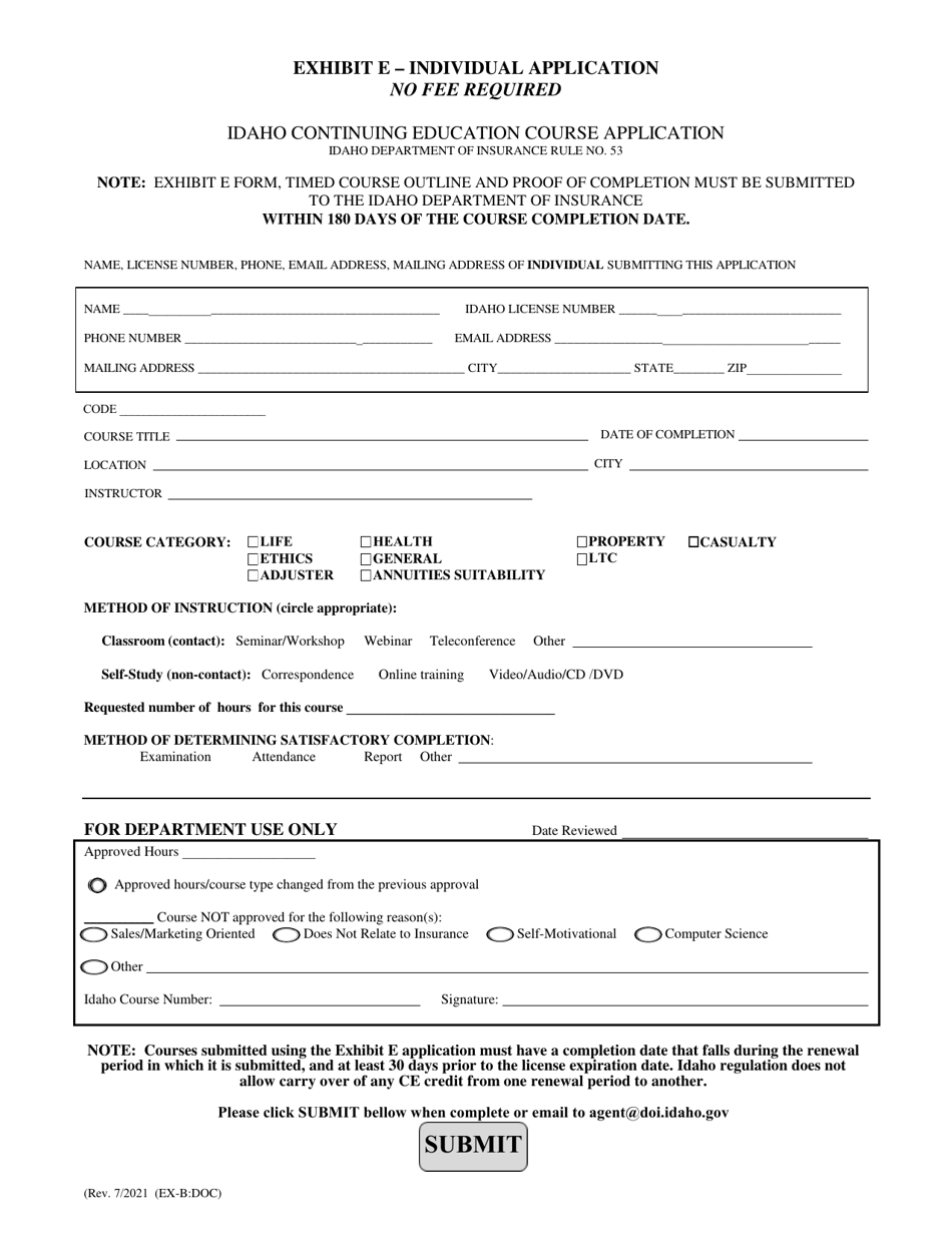 Idaho Idaho Continuing Education Course Application for Individuals ...