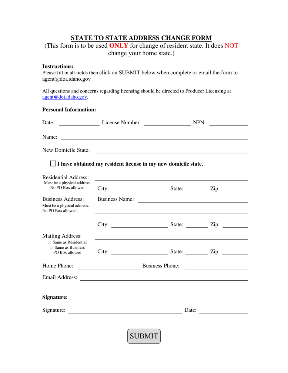 Idaho State to State Address Change Form - Fill Out, Sign Online and ...