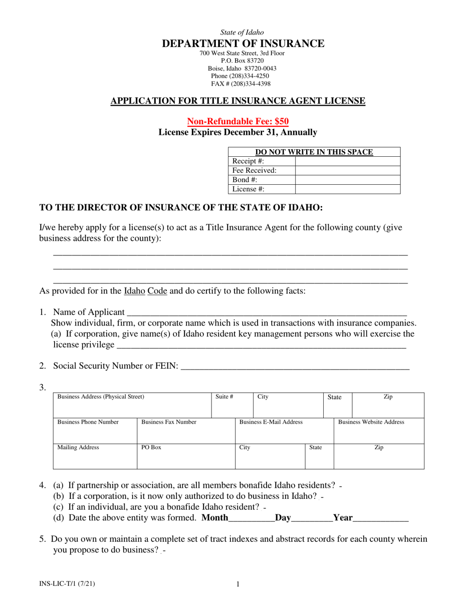 Form INS-LIC-T/1 - Fill Out, Sign Online and Download Fillable PDF ...
