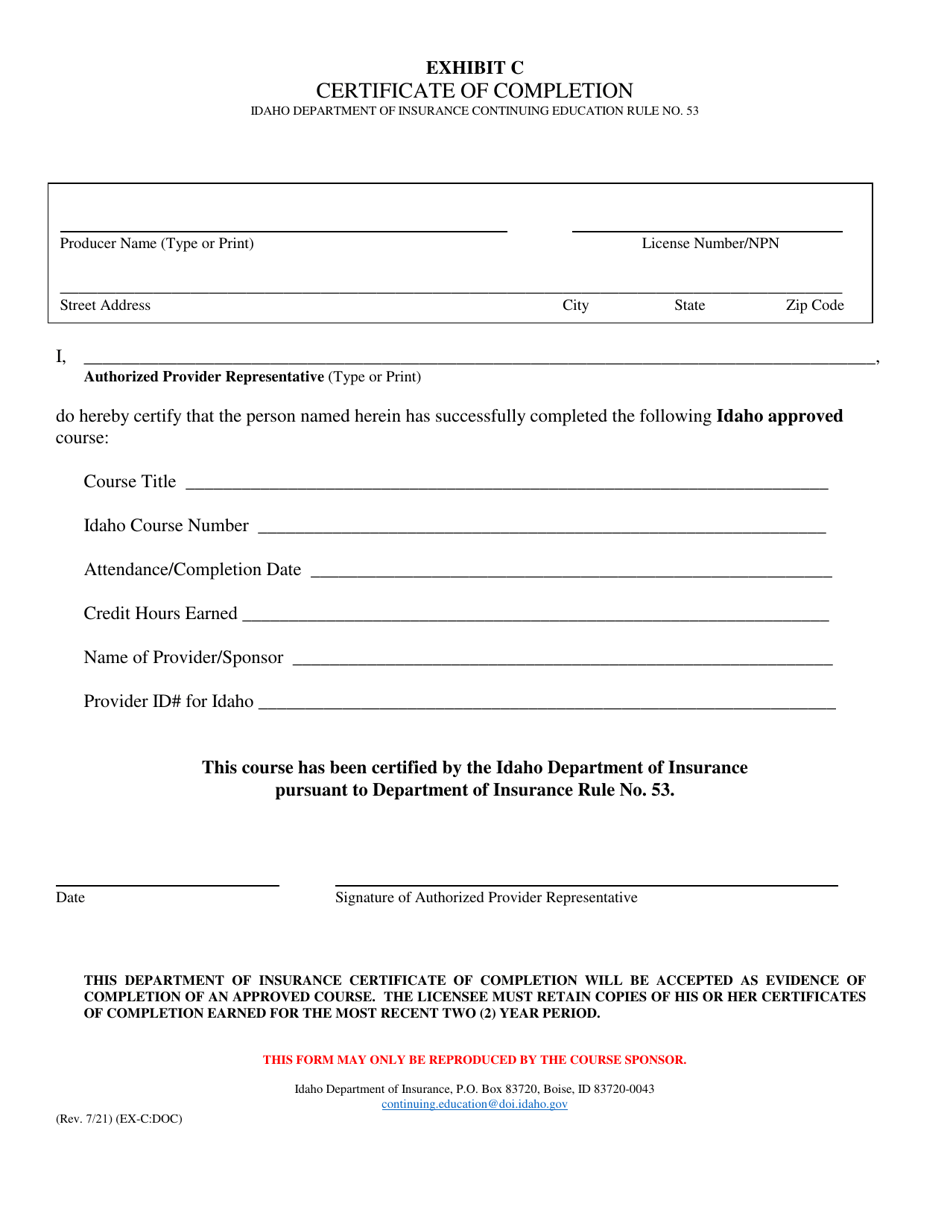 Idaho Certificate of Completion - Fill Out, Sign Online and Download ...