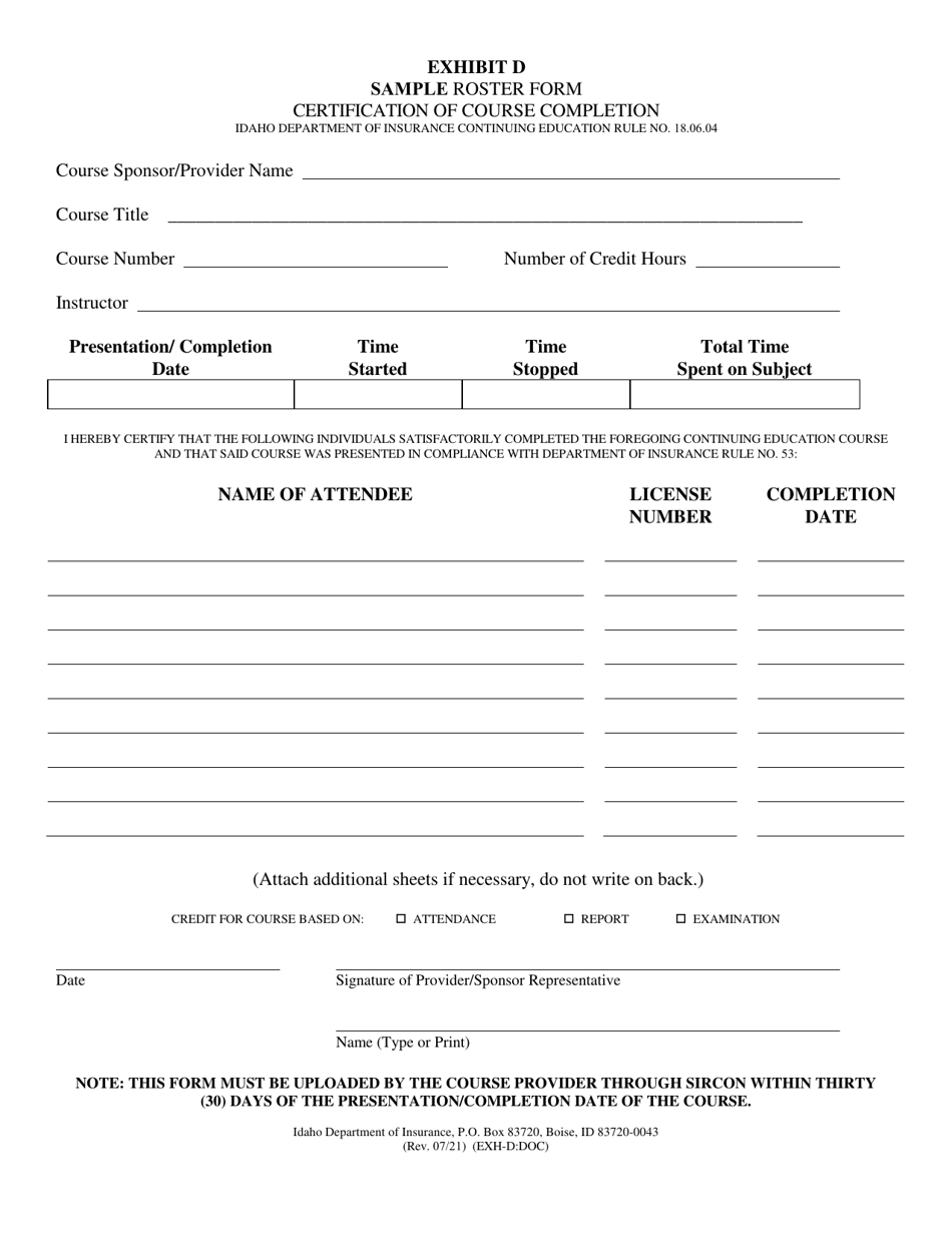 Idaho Sample Roster Form - Certification of Course Completion - Fill ...