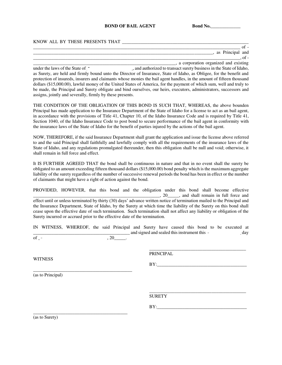 Idaho Bond of Bail Agent - Fill Out, Sign Online and Download PDF ...
