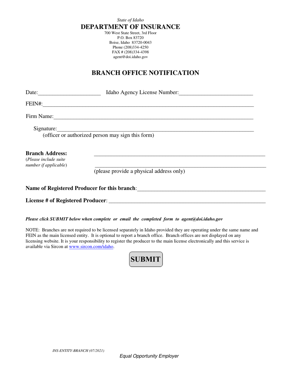 Idaho Branch Office Notification - Fill Out, Sign Online and Download ...