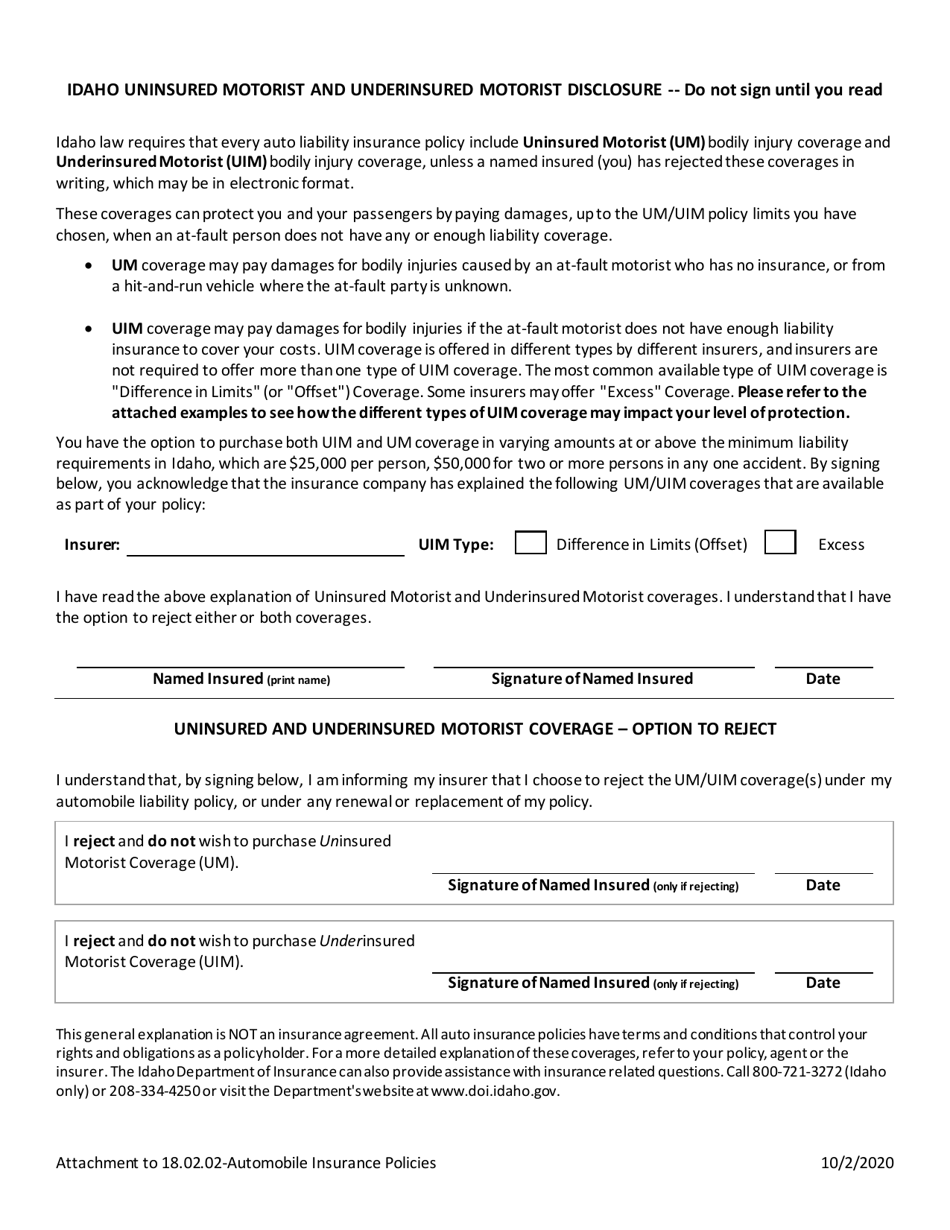 Idaho Idaho Uninsured Motorist and Underinsured Motorist Disclosure ...