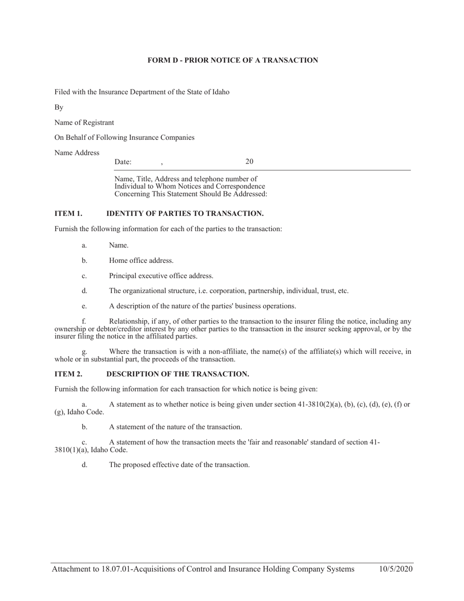 Form D - Fill Out, Sign Online and Download Printable PDF, Idaho ...