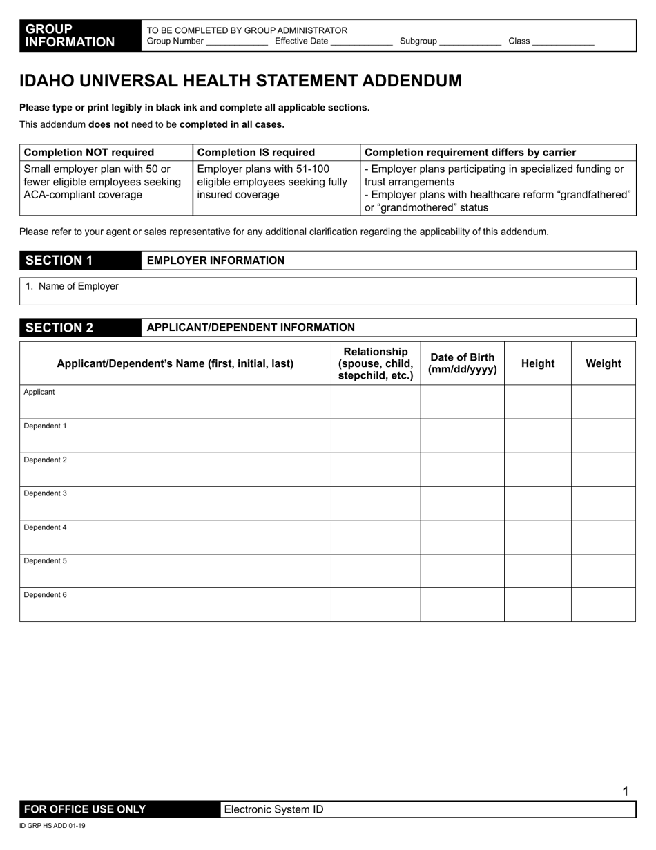 Idaho Idaho Universal Health Statement Addendum - Fill Out, Sign Online ...