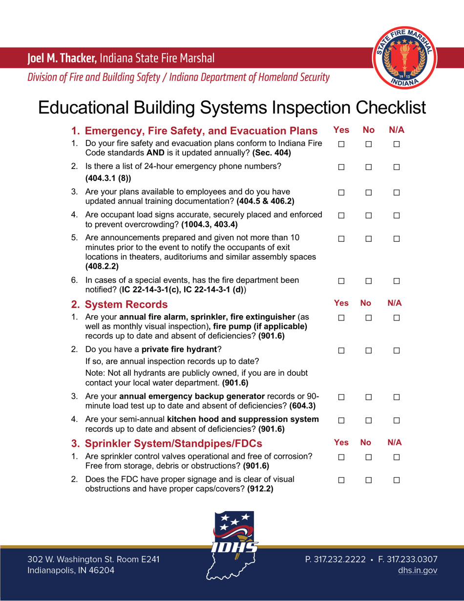 Indiana Educational Building Systems Inspection Checklist - Fill Out ...