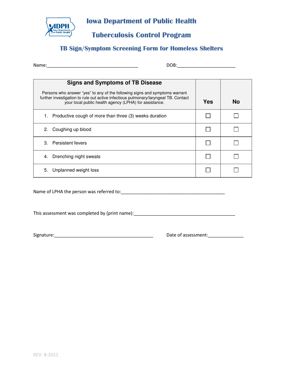 Iowa Tb Sign/Symptom Screening Form for Homeless Shelters ...