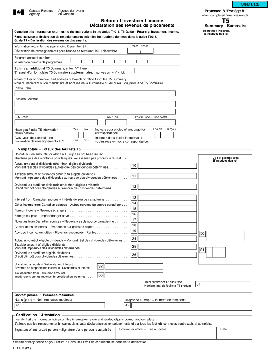Form T5SUM Download Fillable PDF or Fill Online Return of Investment ...