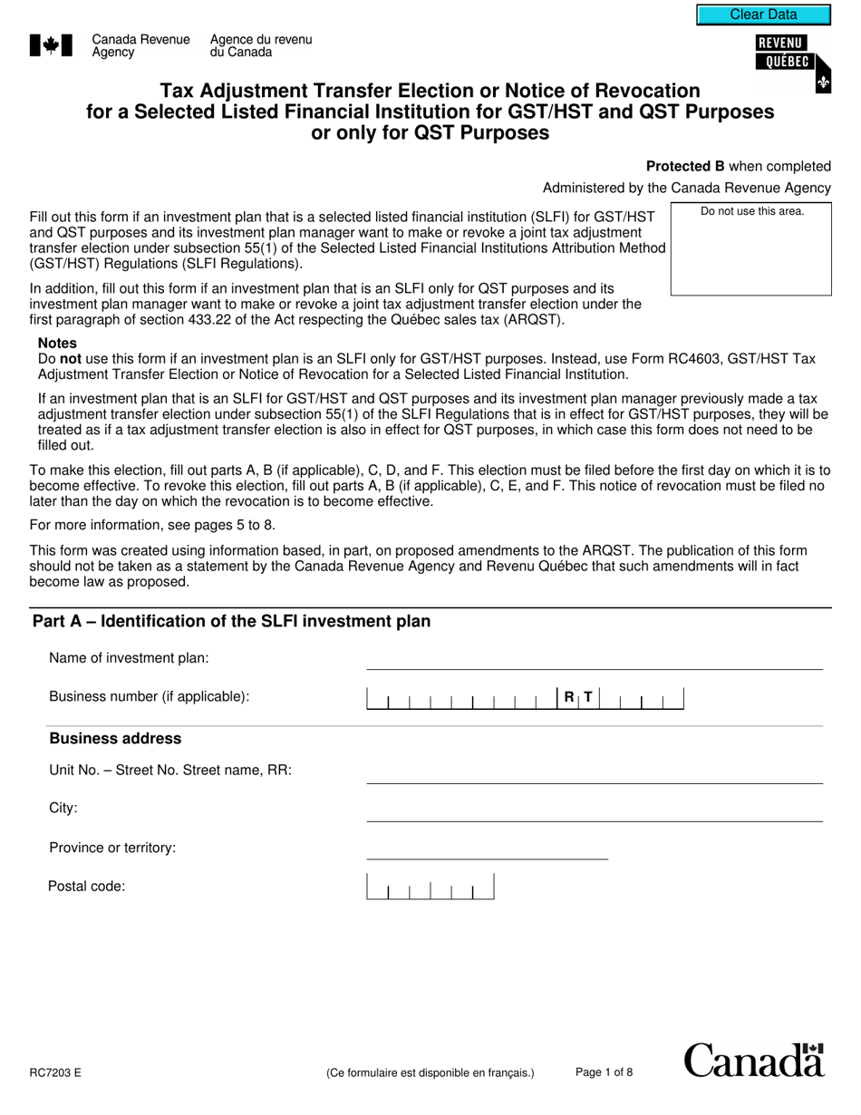 Form RC7203 - Fill Out, Sign Online and Download Fillable PDF, Canada ...