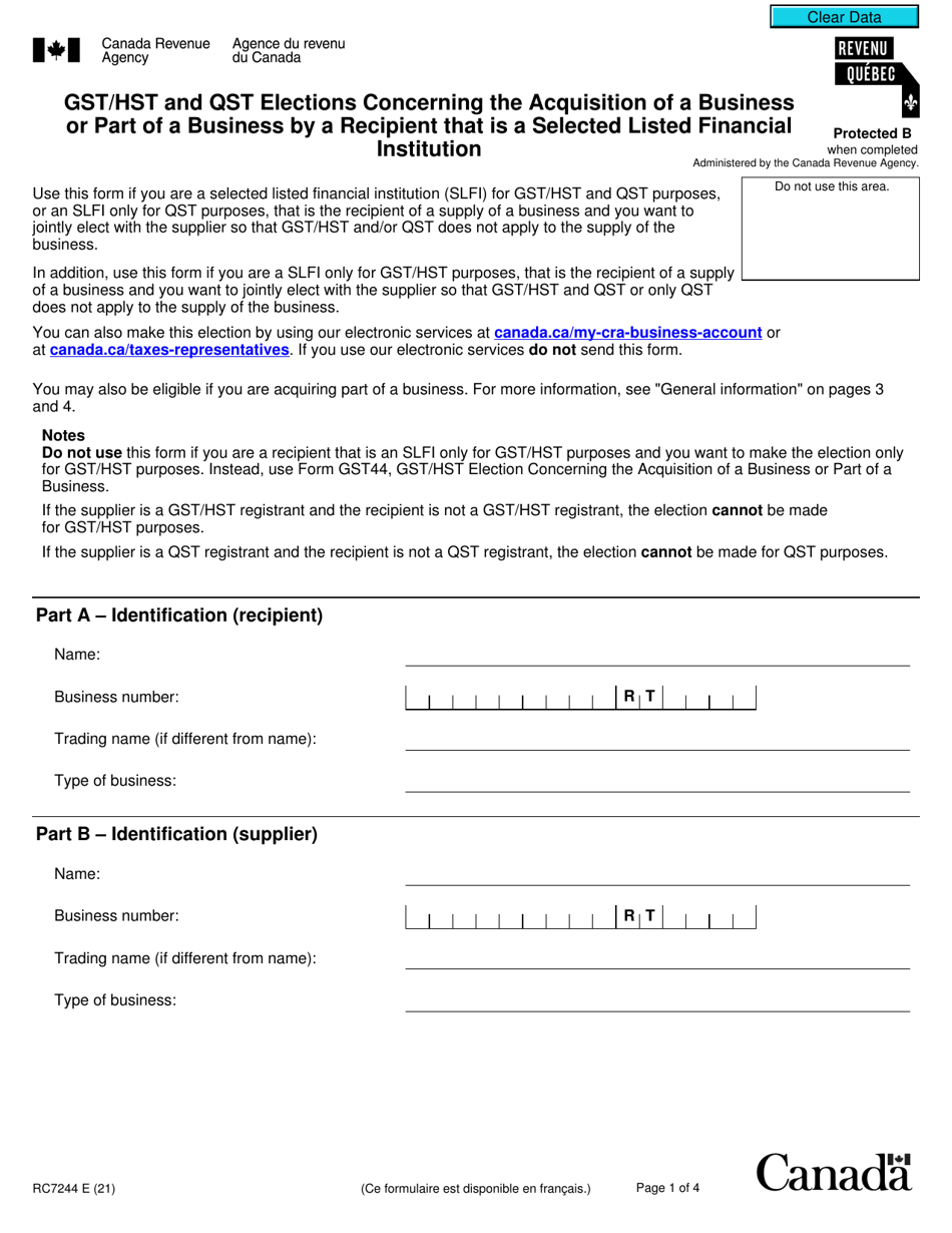 Form RC7244 Download Fillable PDF or Fill Online Gst/Hst and Qst ...