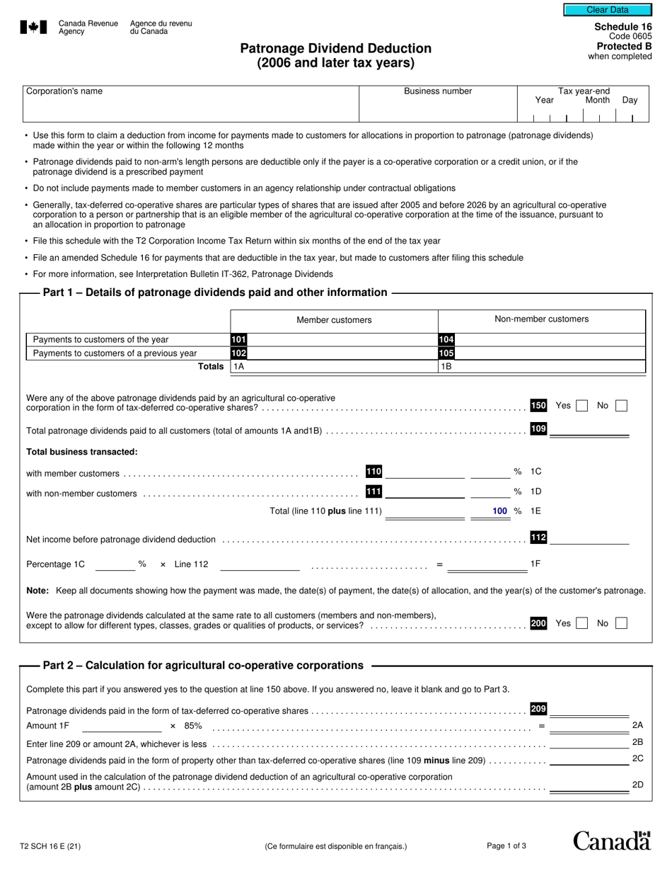 Form T2 Schedule 16 Download Fillable PDF or Fill Online Patronage ...