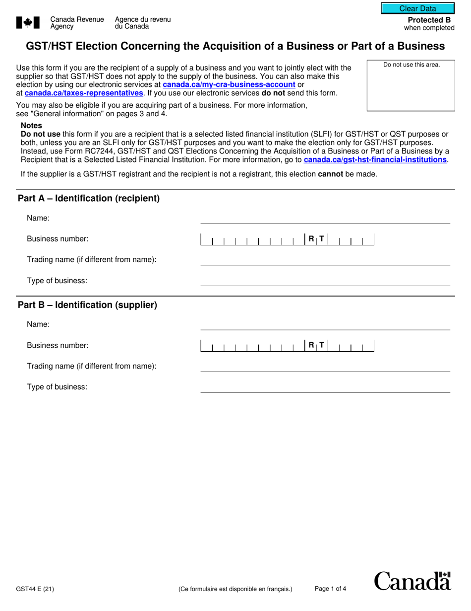 Form GST44 Download Fillable PDF or Fill Online Gst/Hst Election ...