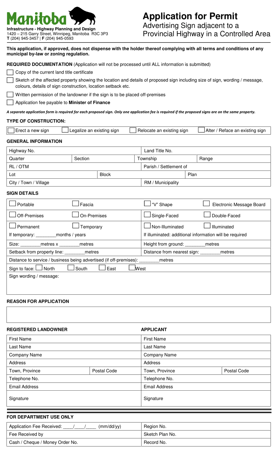 Manitoba Canada Application for Permit Advertising Sign Adjacent to a ...