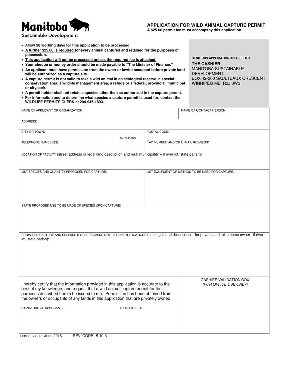 Manitoba Canada Application for Wild Animal Capture Permit - Fill Out ...