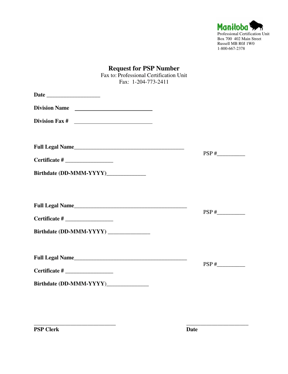 Manitoba Canada Request for Psp Number - Division Use - Fill Out, Sign ...