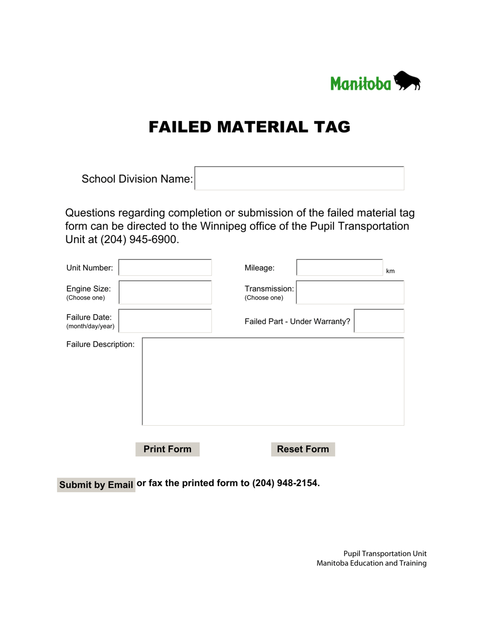 Manitoba Canada Failed Material Tag - Fill Out, Sign Online and ...