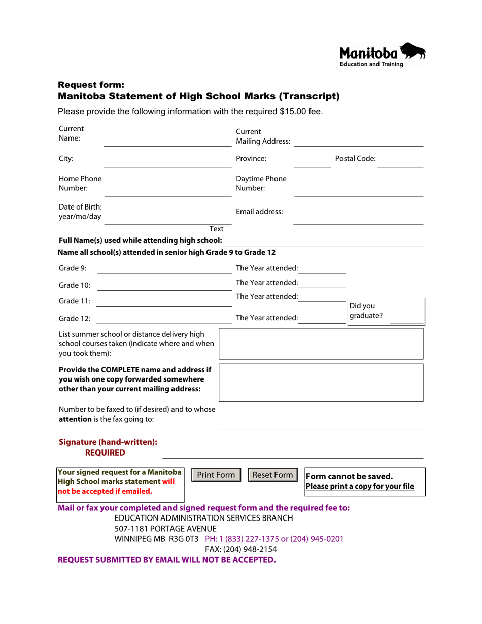 Manitoba Canada Request for a Manitoba Statement of High School Marks ...
