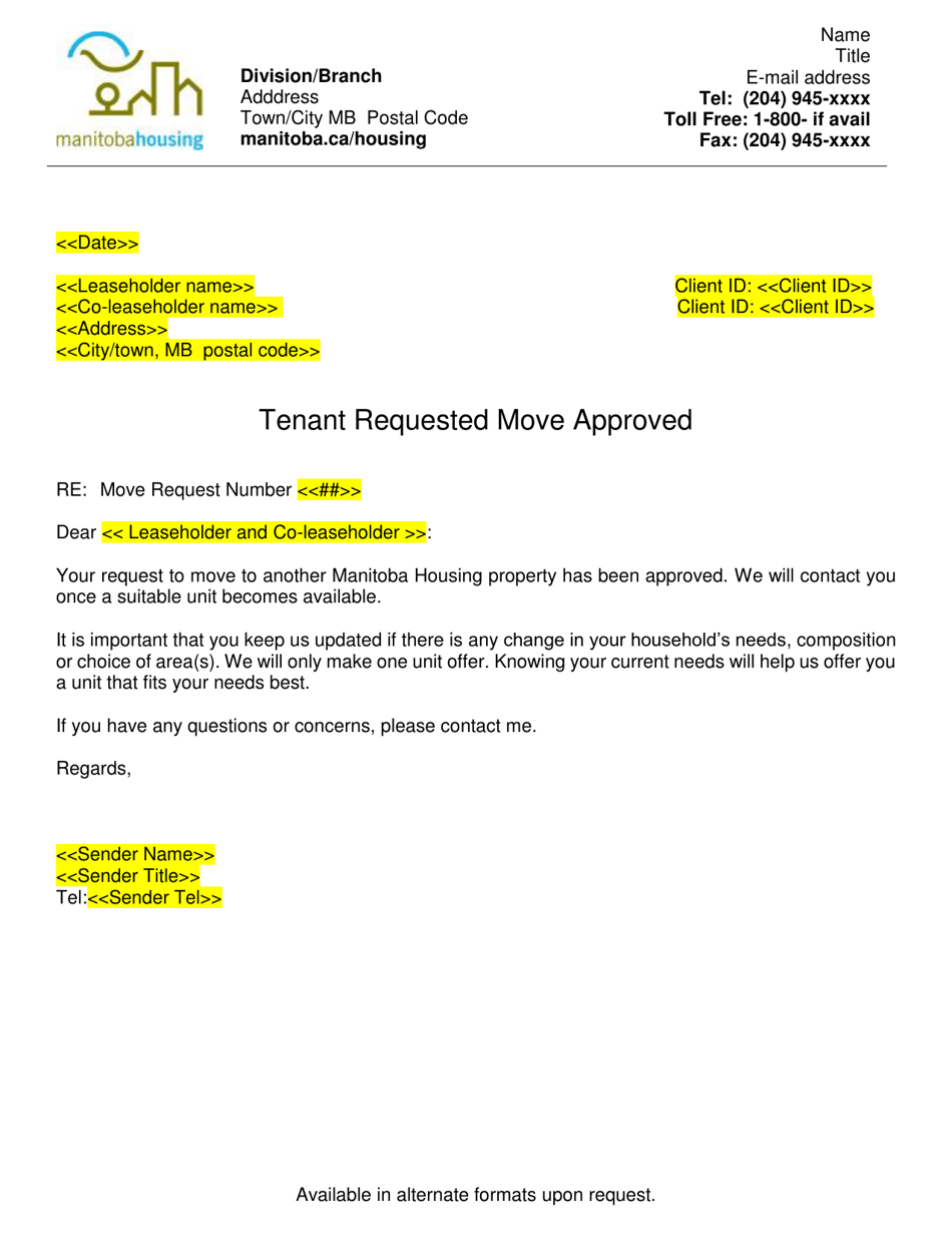 Manitoba Canada Tenant Requested Move Approved Letter - Fill Out, Sign ...