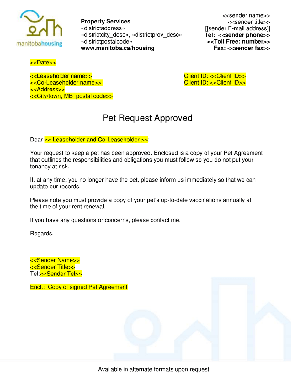 Manitoba Canada Pet Request Approved Letter - Fill Out, Sign Online and ...