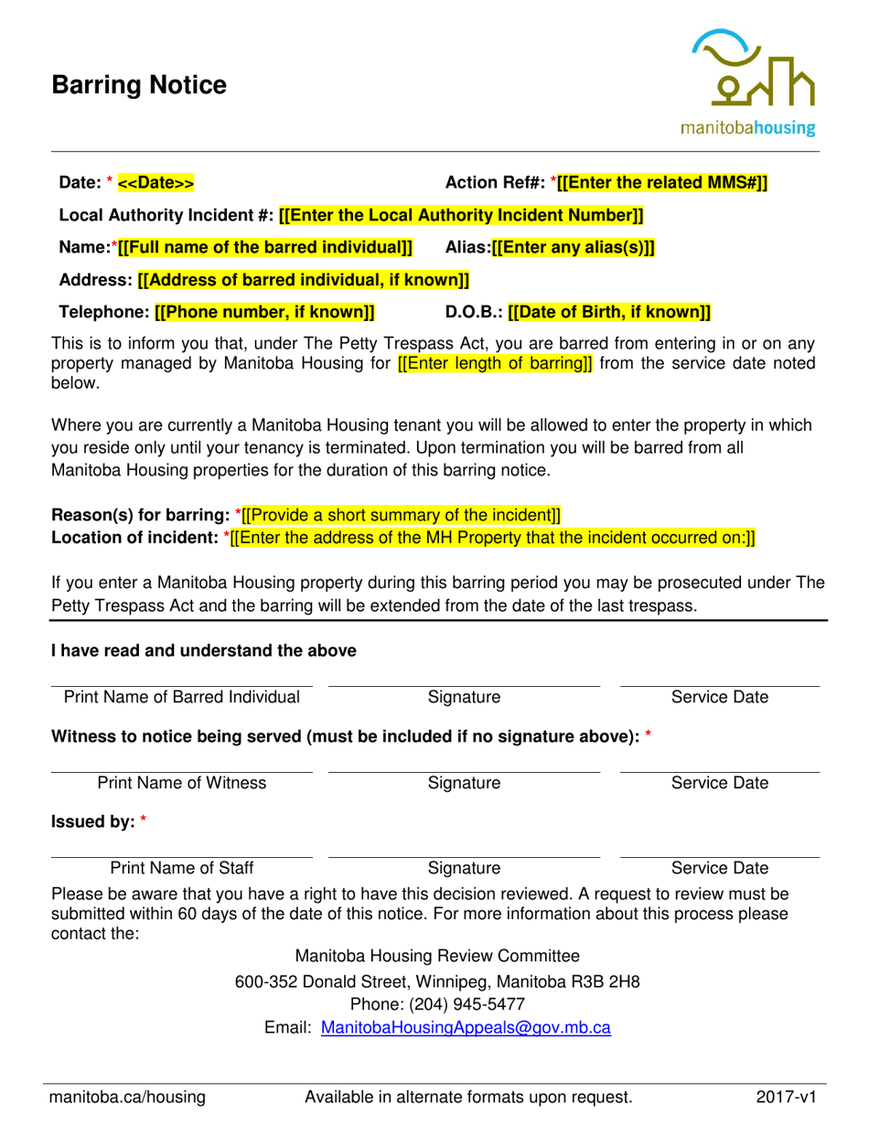 Manitoba Canada Barring Notice - Fill Out, Sign Online and Download PDF ...