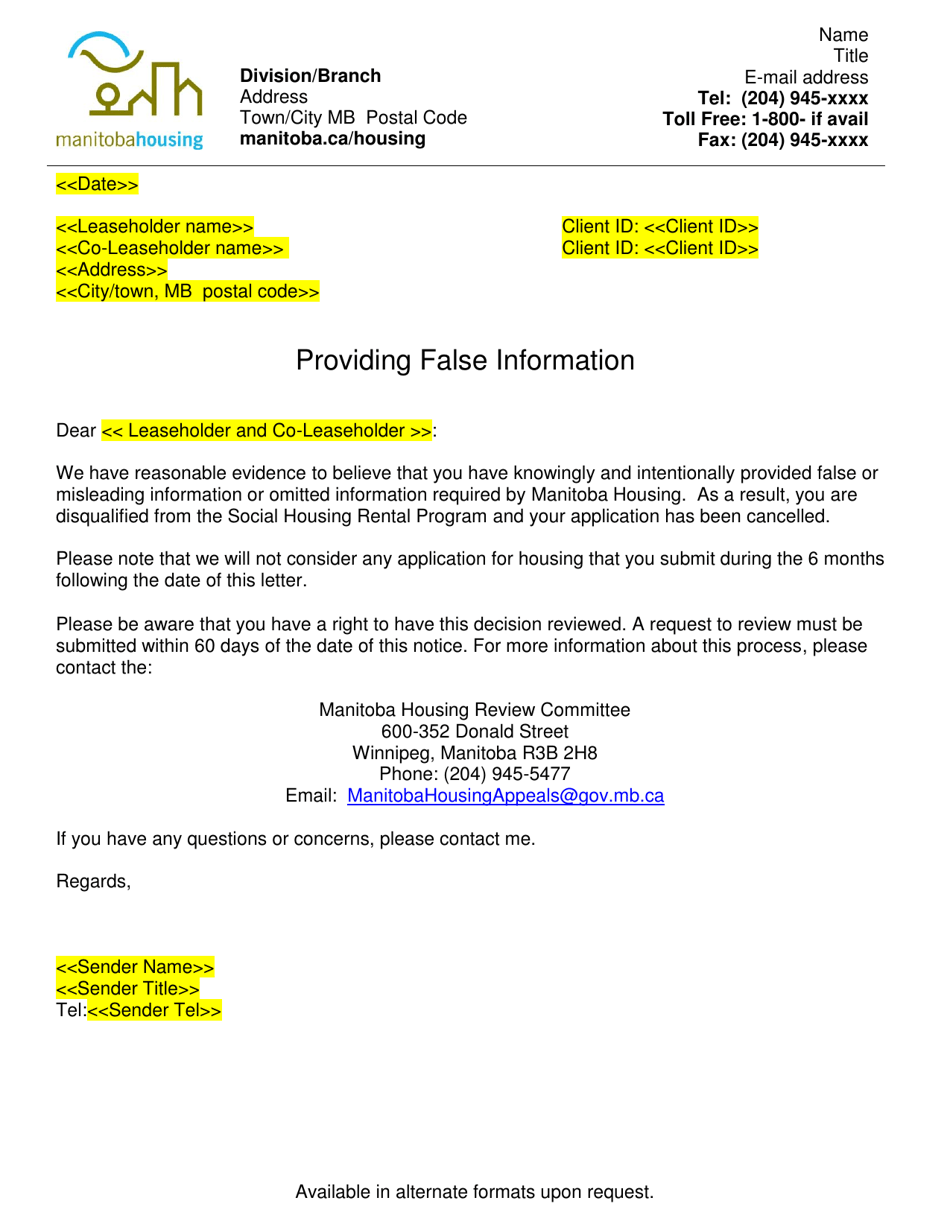 Manitoba Canada Providing False Information Letter - Fill Out, Sign ...