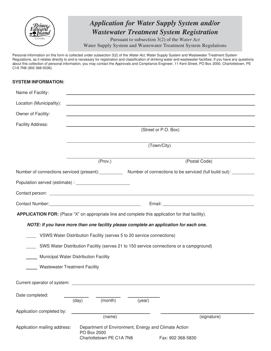 Prince Edward Island Canada Application for Water Supply System and/or ...