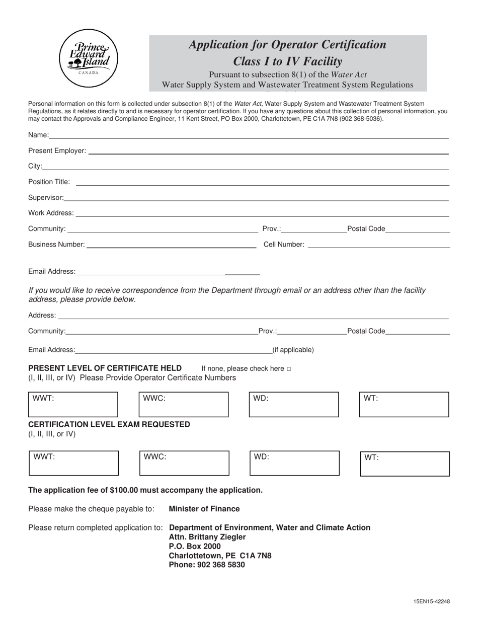 Prince Edward Island Canada Application for Operator Certification ...
