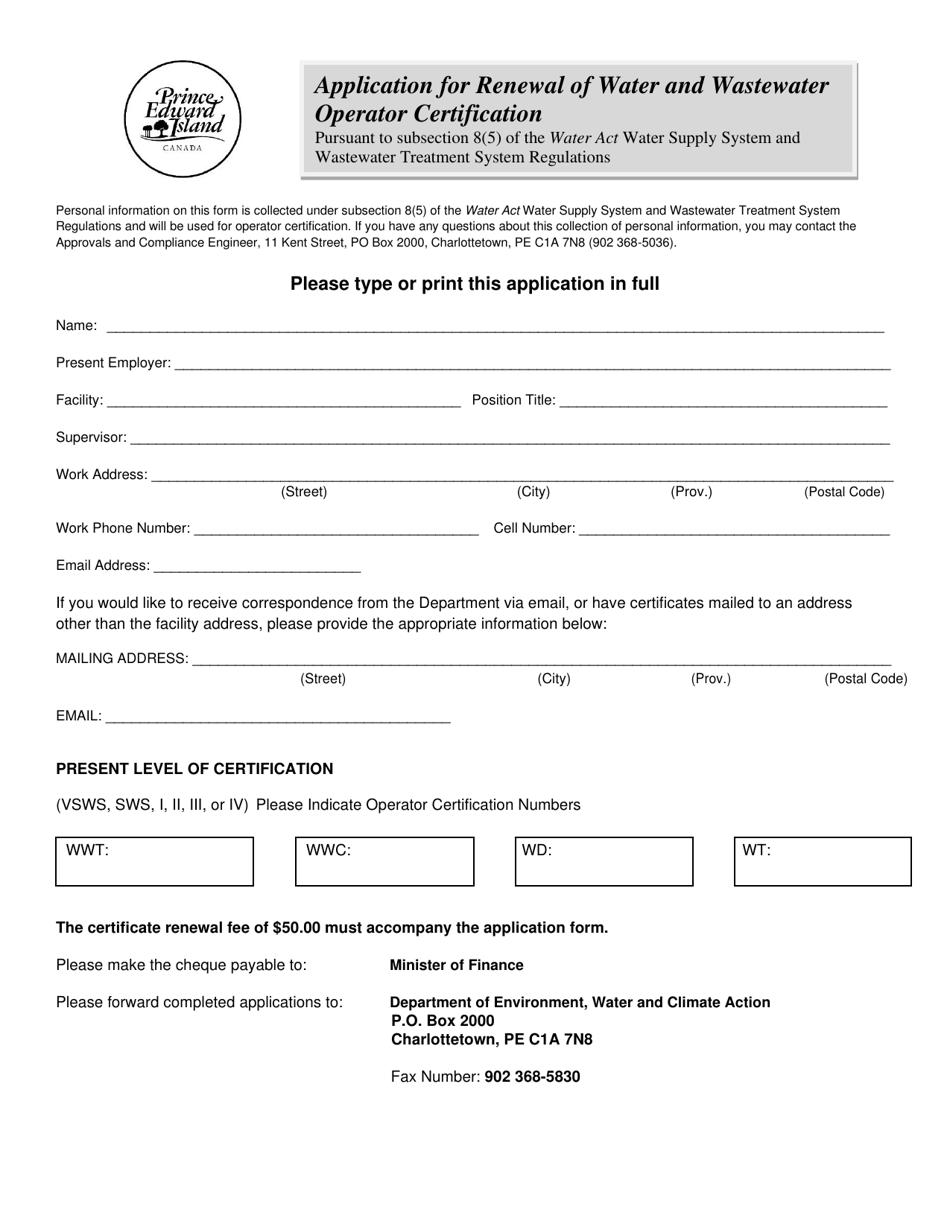 Prince Edward Island Canada Application for Renewal of Water and ...