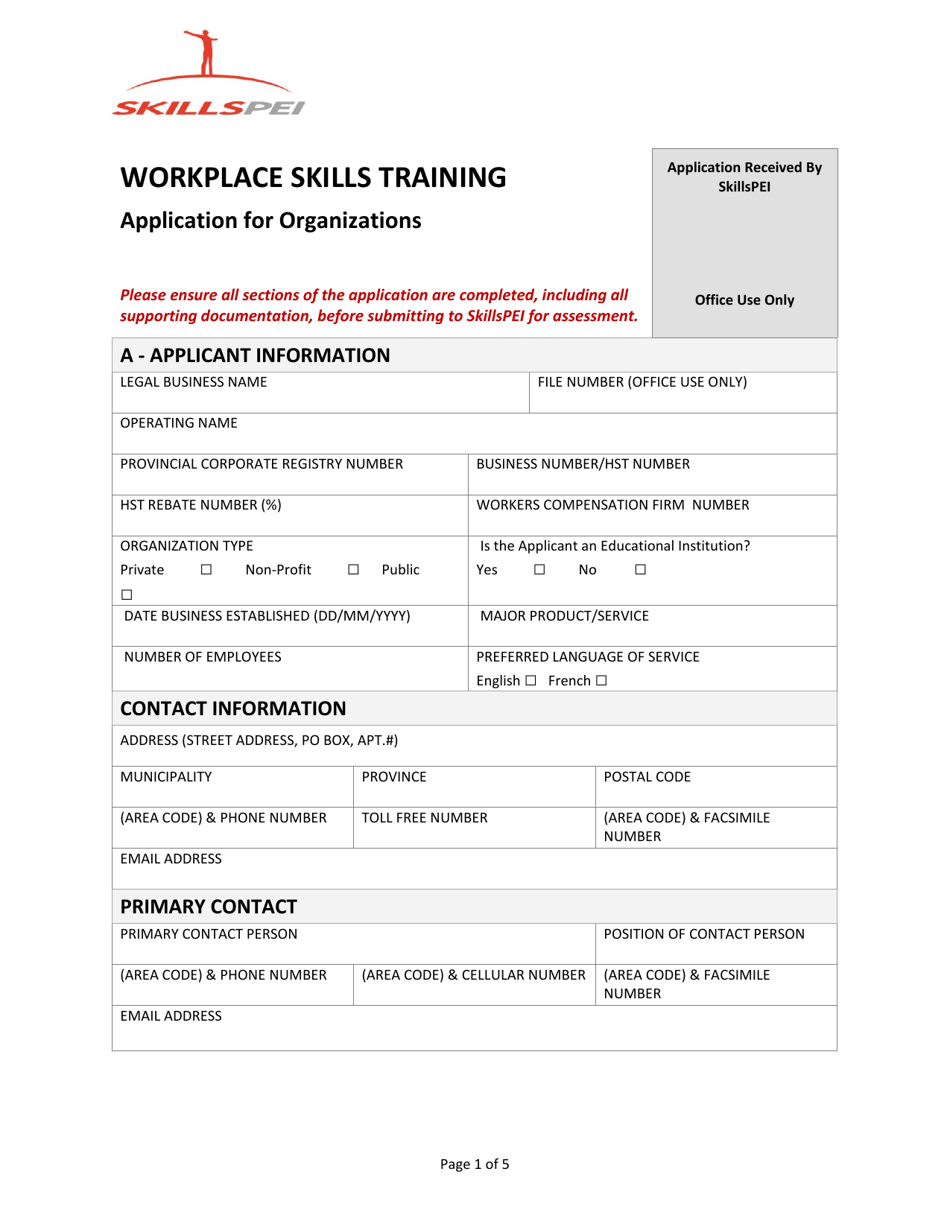 Prince Edward Island Canada Workplace Skills Training Application for ...