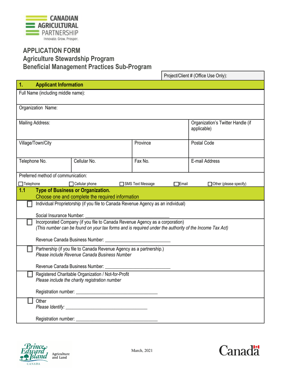 Prince Edward Island Canada Application Form - Agriculture Stewardship ...