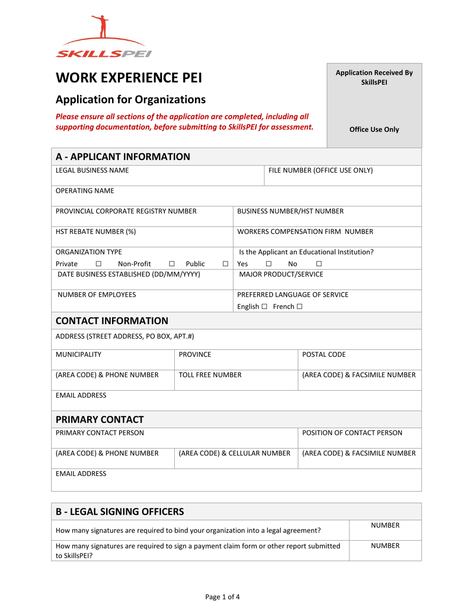 Prince Edward Island Canada Application for Organizations - Work Experience Pei - Fill Out, Sign ...