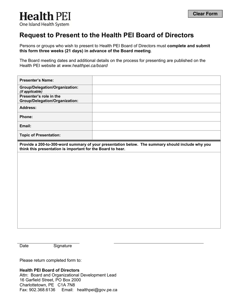 Prince Edward Island Canada Request to Present to the Health Pei Board ...