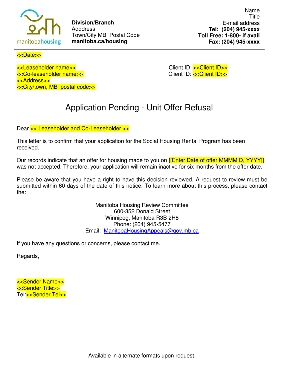 Manitoba Canada Application Pending Letter - Unit Offer Refusal - Fill ...