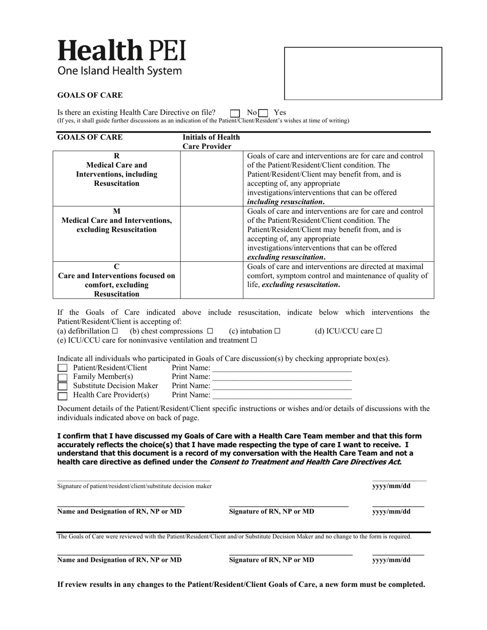 Prince Edward Island Canada Goals of Care Form - Fill Out, Sign Online ...