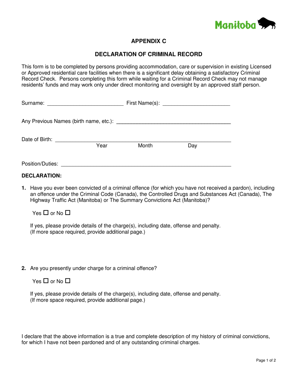 Manitoba Canada Declaration of Criminal Record - Fill Out, Sign Online ...