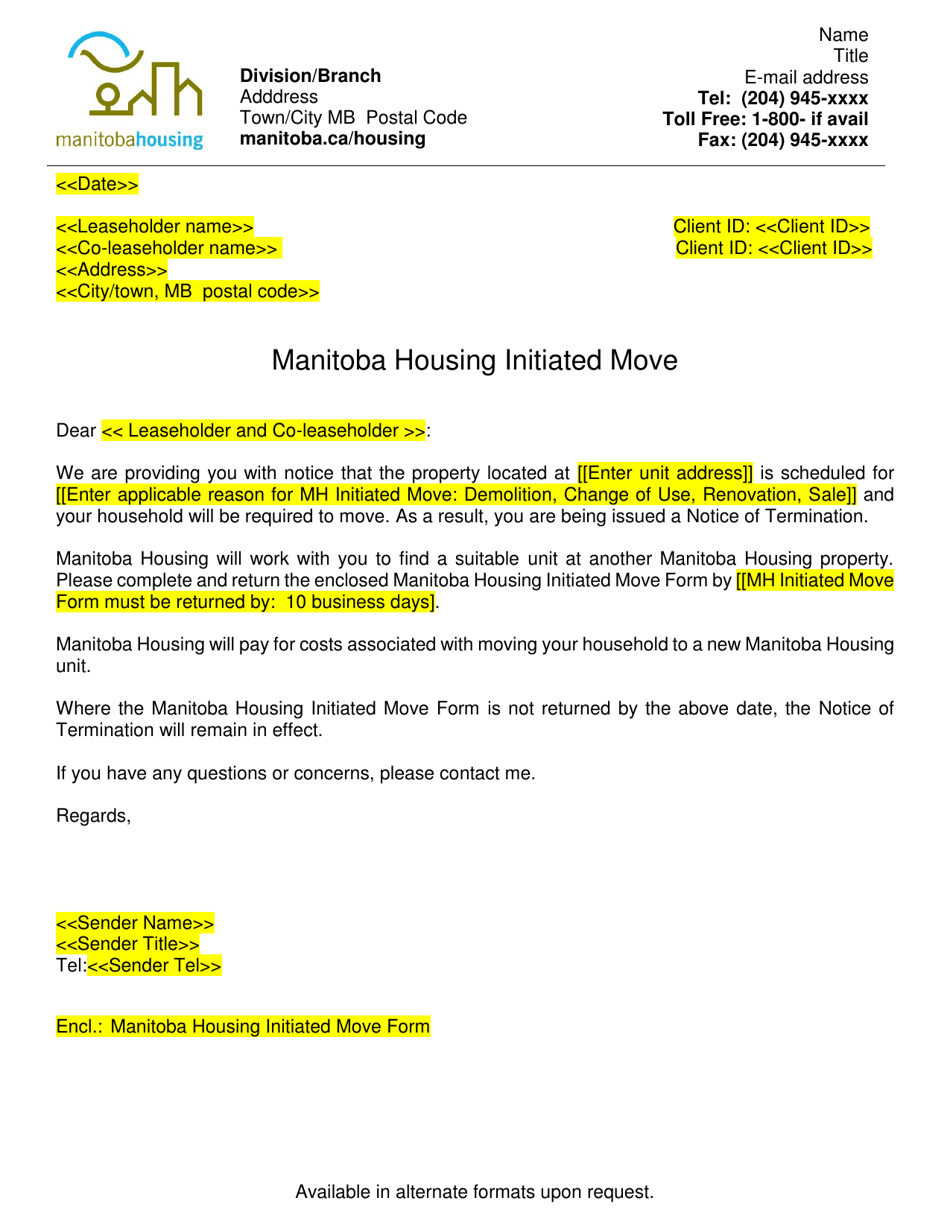 Manitoba Canada Manitoba Housing Initiated Move Letter - Fill Out, Sign ...
