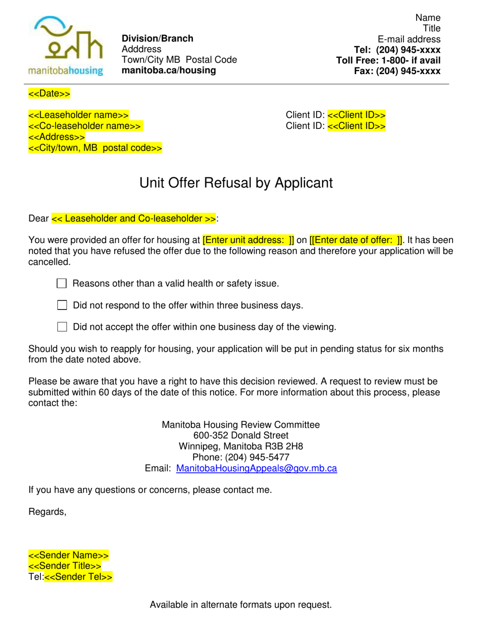 Manitoba Canada Unit Offer Refusal by Applicant Letter - Fill Out, Sign ...