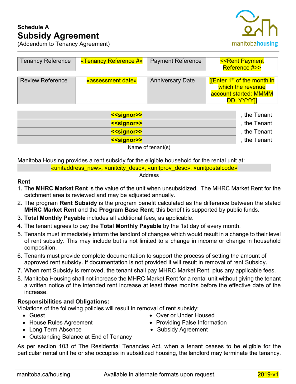 Manitoba Canada Subsidy Agreement (Addendum to Tenancy Agreement ...