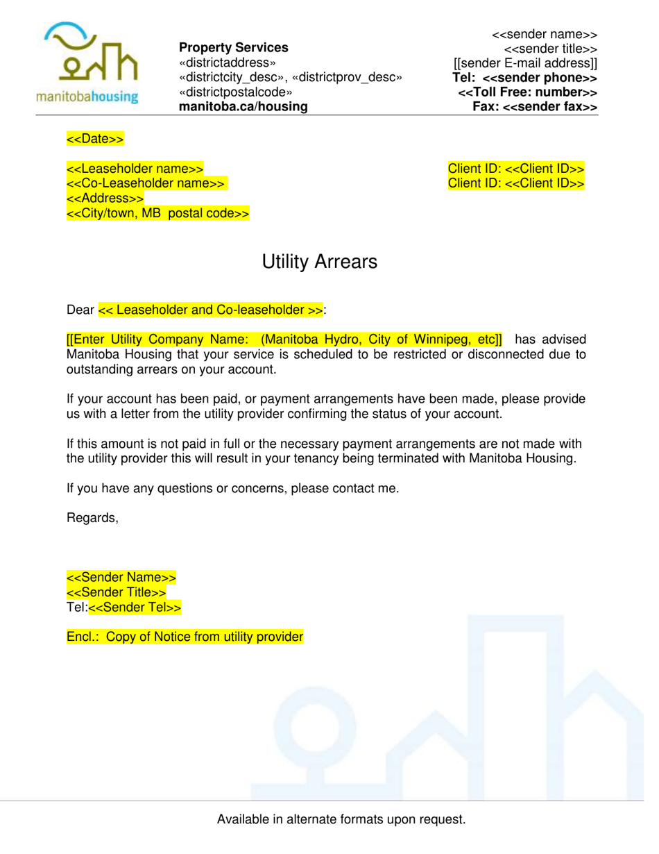 Manitoba Canada Utility Arrears Letter - Fill Out, Sign Online and ...