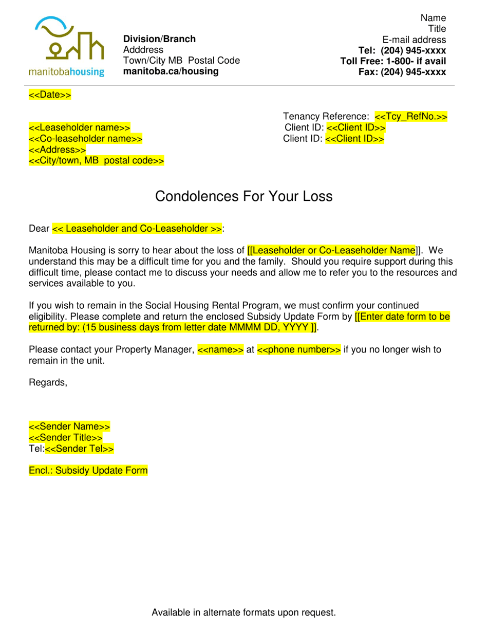 Manitoba Canada Condolences for Your Loss Letter - Fill Out, Sign ...